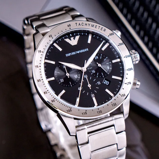 【EMPORIO ARMANI】亞曼尼 公司貨 Mario 鋼鐵型男三眼計時不鏽鋼腕錶/銀x黑面(AR11241) - momo購物網 ...