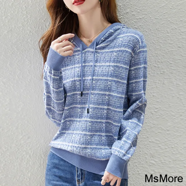 【MsMore】藍色彩紋連帽針織長袖韓版寬鬆短版上衣#115617(藍色) - momo購物網 - 好評推薦 -2025年1月