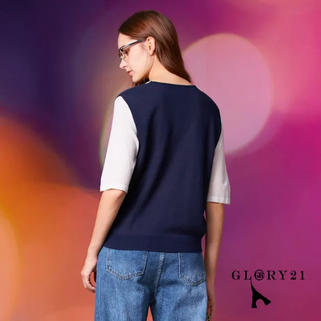 【GLORY21】速達-網路獨賣款-假兩件背心拼接圓領五分袖針織上衣(深藍) - momo購物網 - 好評推薦 -2024年4月