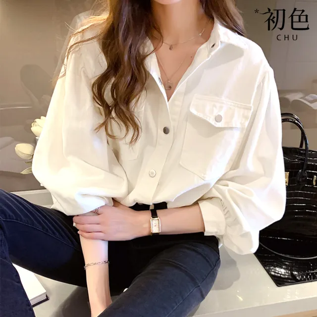 【初色】現貨 翻領純色寬鬆工裝牛仔長袖襯衫上衣-共3色-30876(M-2XL可選/現貨+預購) - momo購物網 - 好評推薦