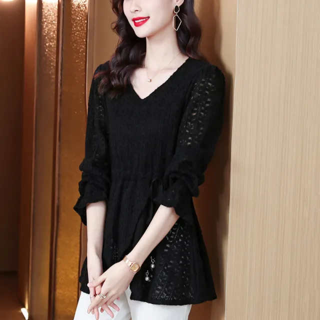 【Very Buy 非常勸敗】預購/時尚蕾絲衫女春季新歐美遮肚顯瘦百搭V領中長款內搭上衣 - momo購物網 - 好評推薦 -2024年3月