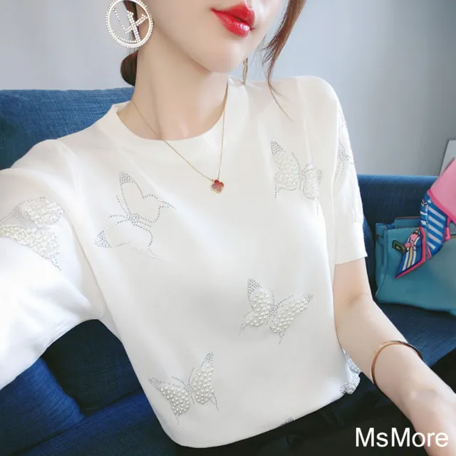 【MsMore】白色冰絲針織衫短袖重工釘珠鑲鑽休閒寬鬆短版上衣#121193(白) - momo購物網 - 好評推薦