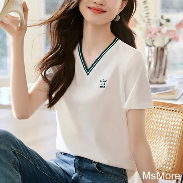 【MsMore】休閒鬆弛簡約百搭V領T恤白色短版上衣#121433(白) - momo購物網 - 好評推薦