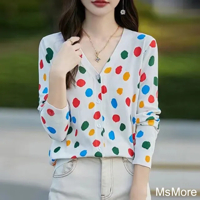 【MsMore】絕美白底彩色波點V領長袖針織短版寬鬆上衣#122909(白) - momo購物網 - 好評推薦