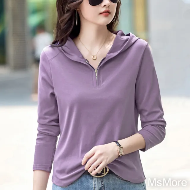【MsMore】連帽純色正肩長袖T恤休閒拉鍊寬鬆韓版上衣百搭顯瘦短版#123704(白/黑/紫) - momo購物網 - 好評推薦
